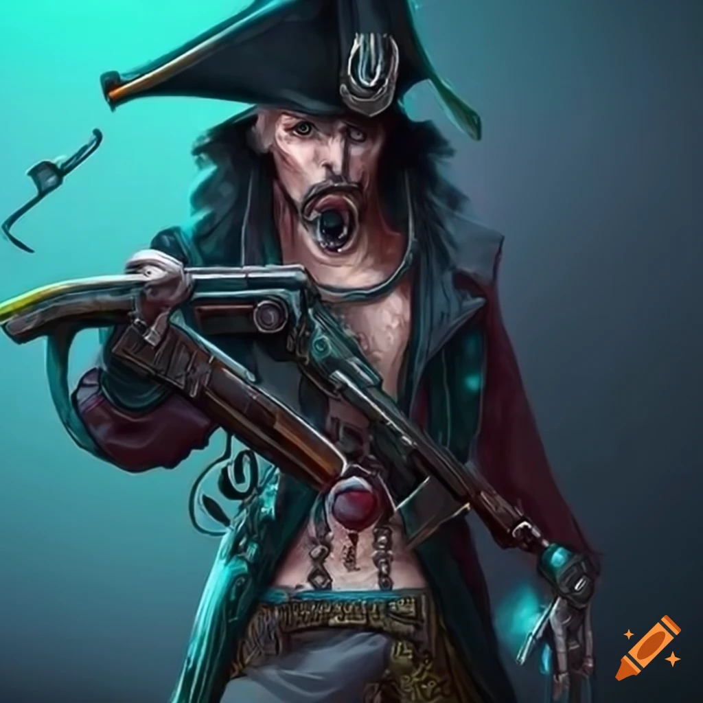 Cyberpunk pirate with futuristic flintlock weapon on Craiyon