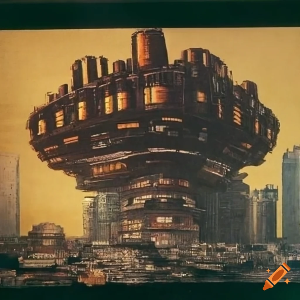 70s sci-fi art of a bombarding city megastructure on Craiyon