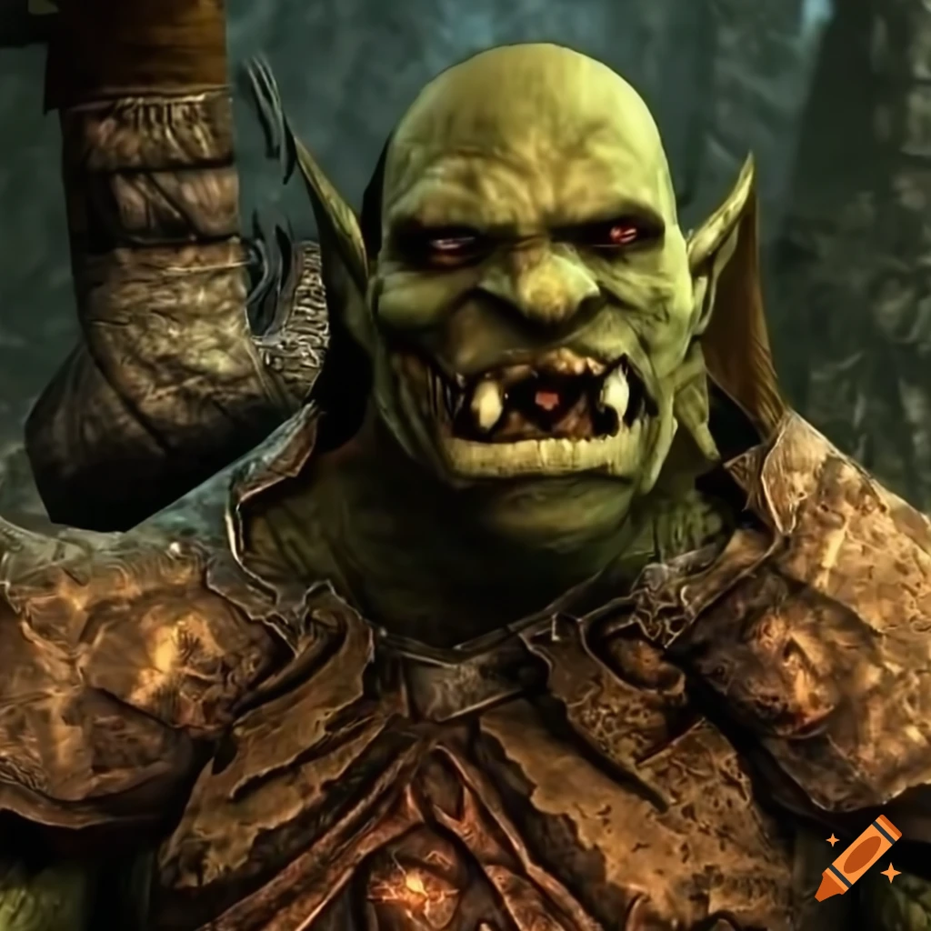 Skyrim orc at a blacksmith shop on Craiyon