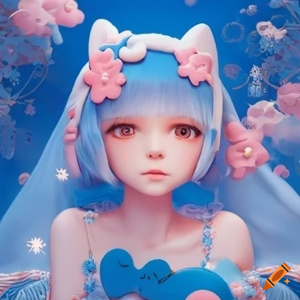 Girl with white and blue aesthetic in a sanrio inspired bedroom on Craiyon