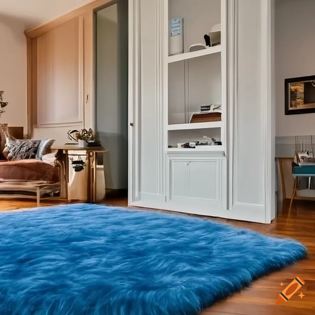 Handmade fluffy blue velvet carpet in a modern living room with white ...