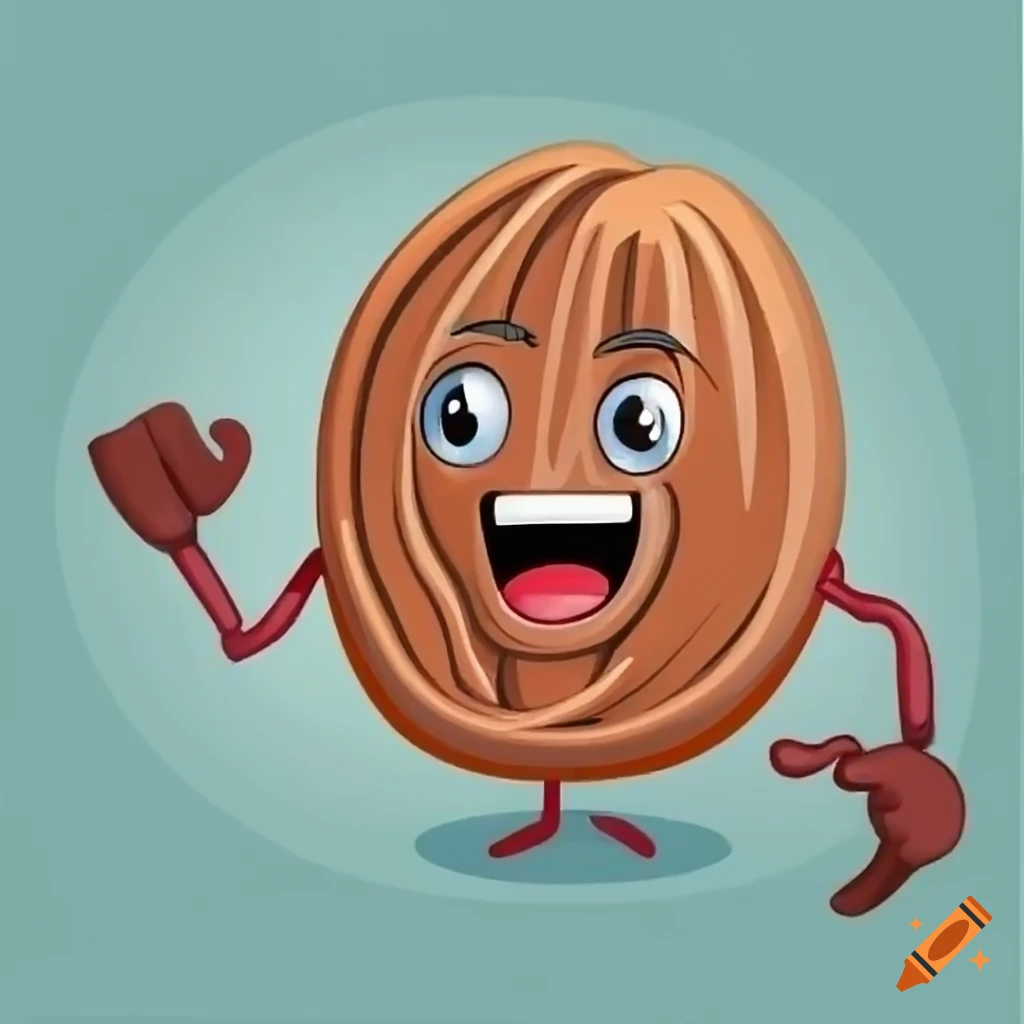 Cheerful cartoon pecan character with wide smile and arms on Craiyon