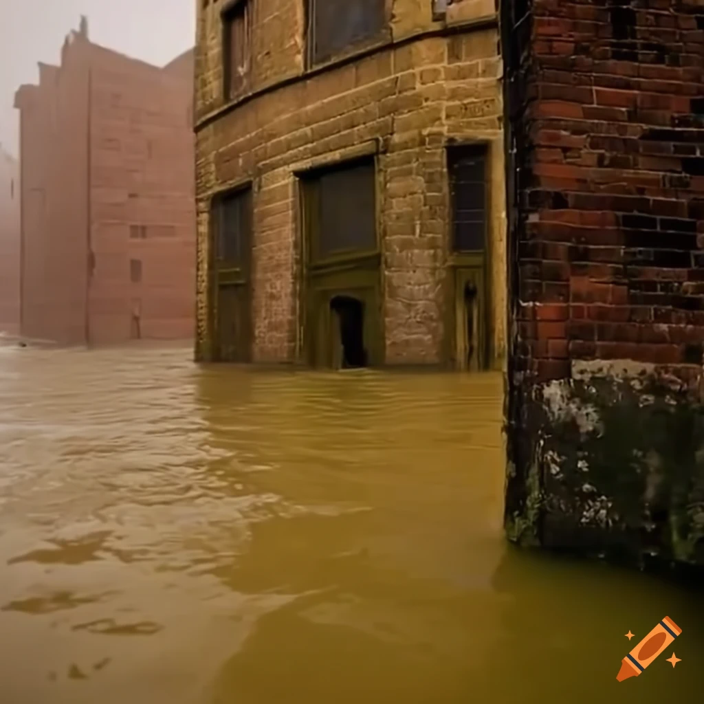 Extreme close-up of flooded crumbling doorway with sinking buildings in ...