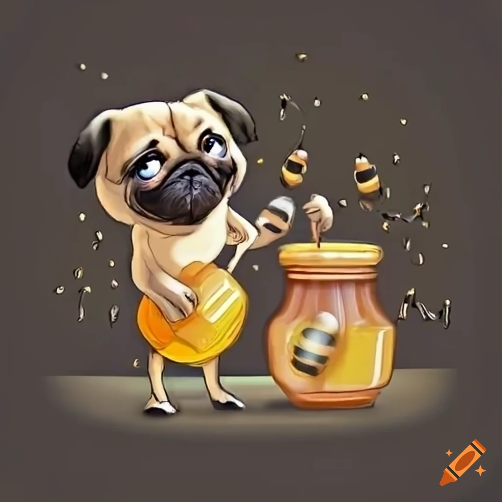 Pug kissing bees and holding a honey jar on Craiyon