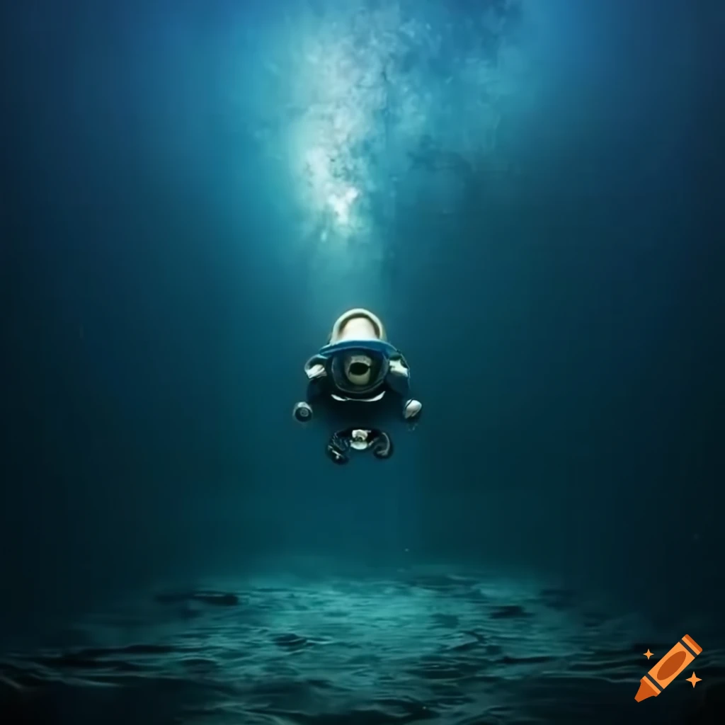 Diving bell suit in the dark ocean with stars above on Craiyon