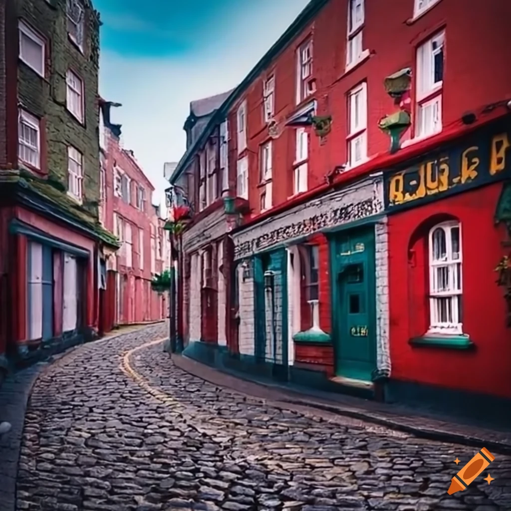 Traditional irish cobblestone streets with red-brick pubs on Craiyon