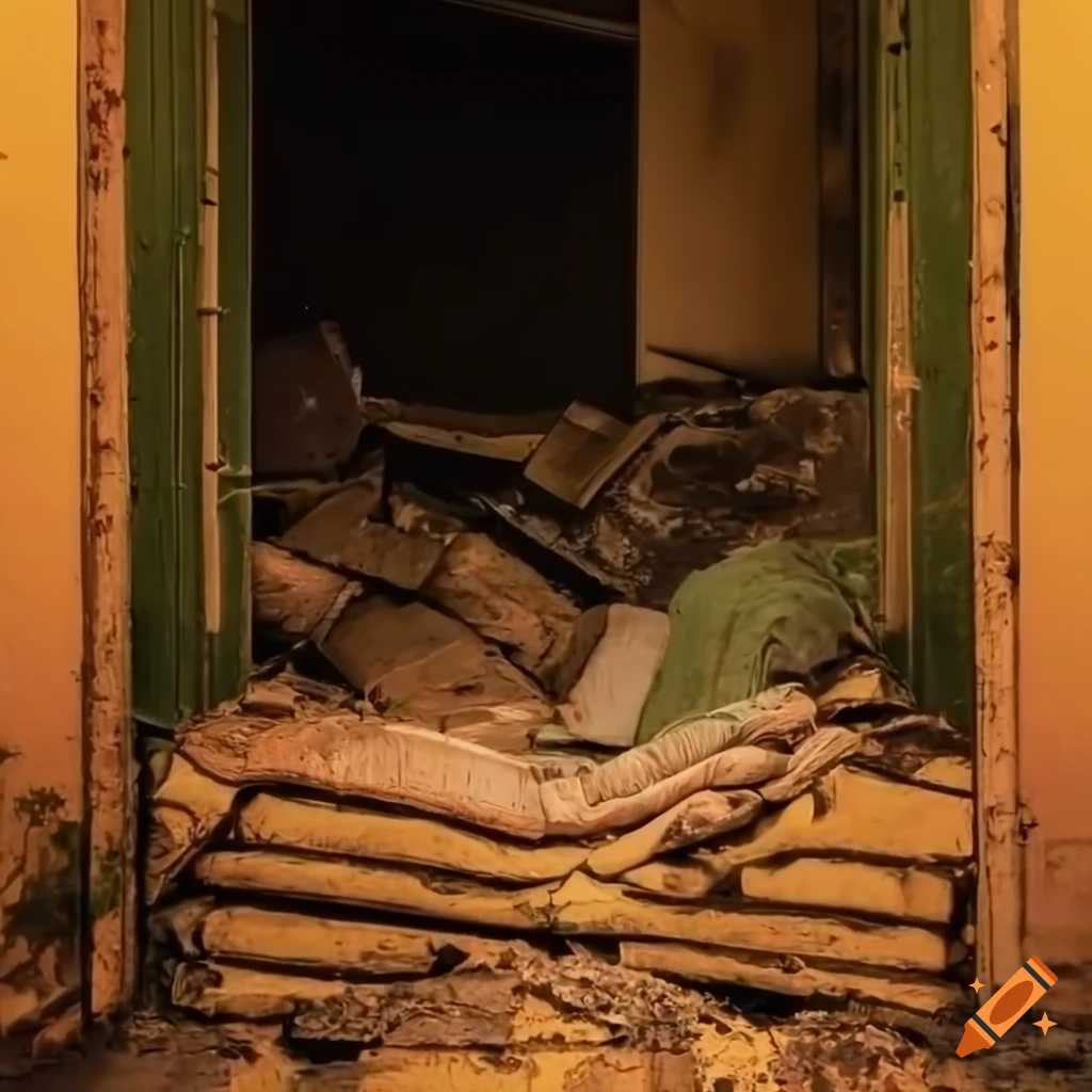 Destroyed couch in flooded doorway with sinking buildings in a glowing ...