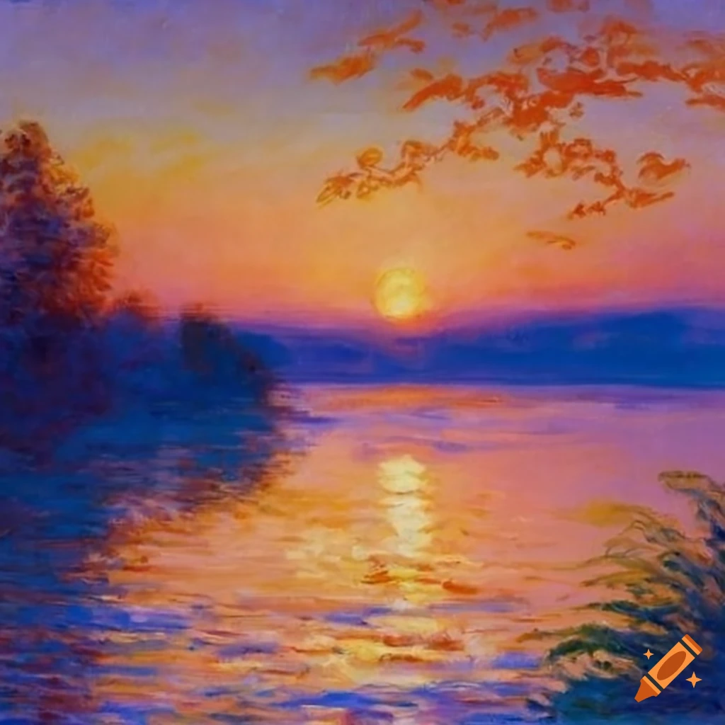 Lakeside sunset with distant fern trees in the style of Claude Monet on ...