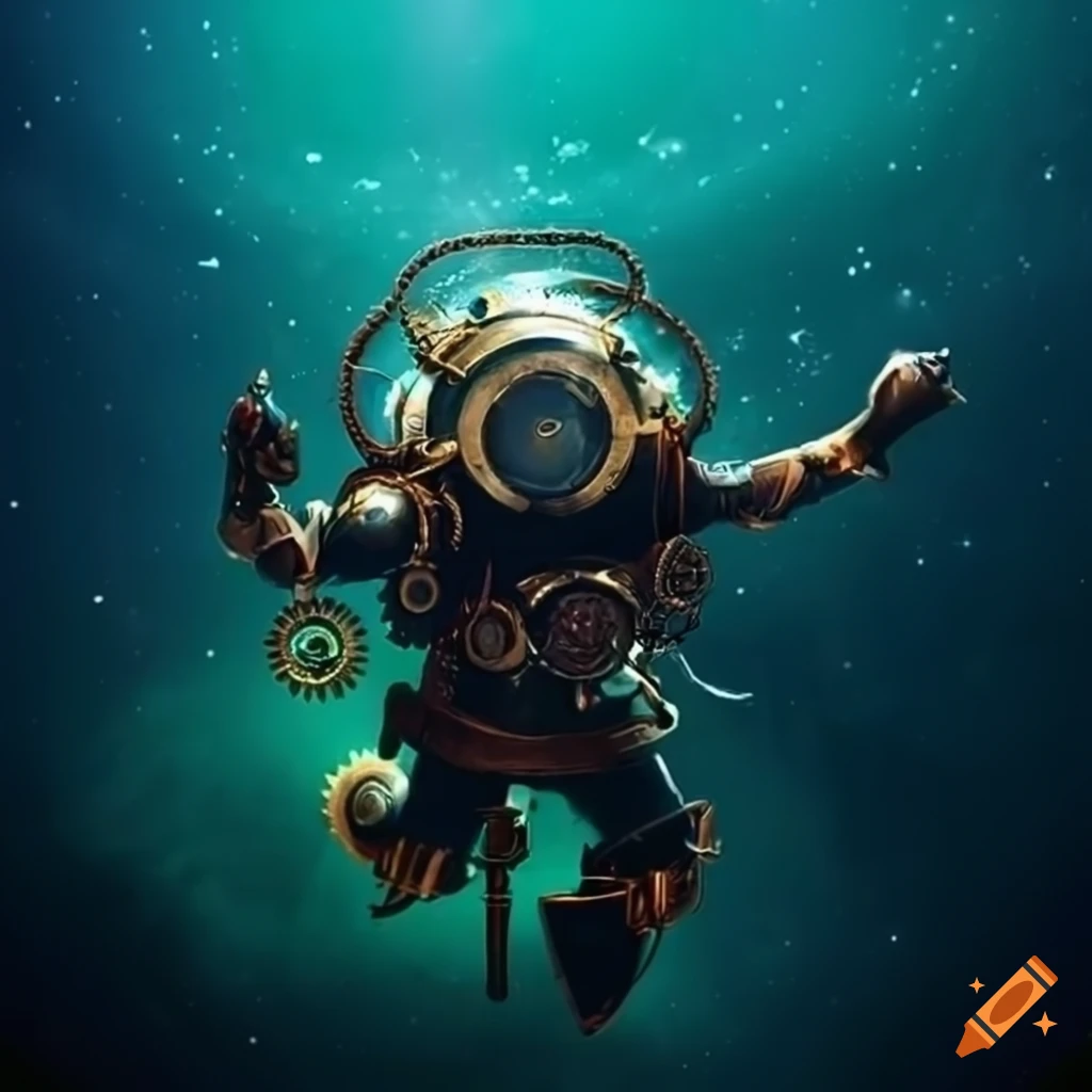 Explorer in steampunk diving gear diving into deep waters under a starry night sky on Craiyon