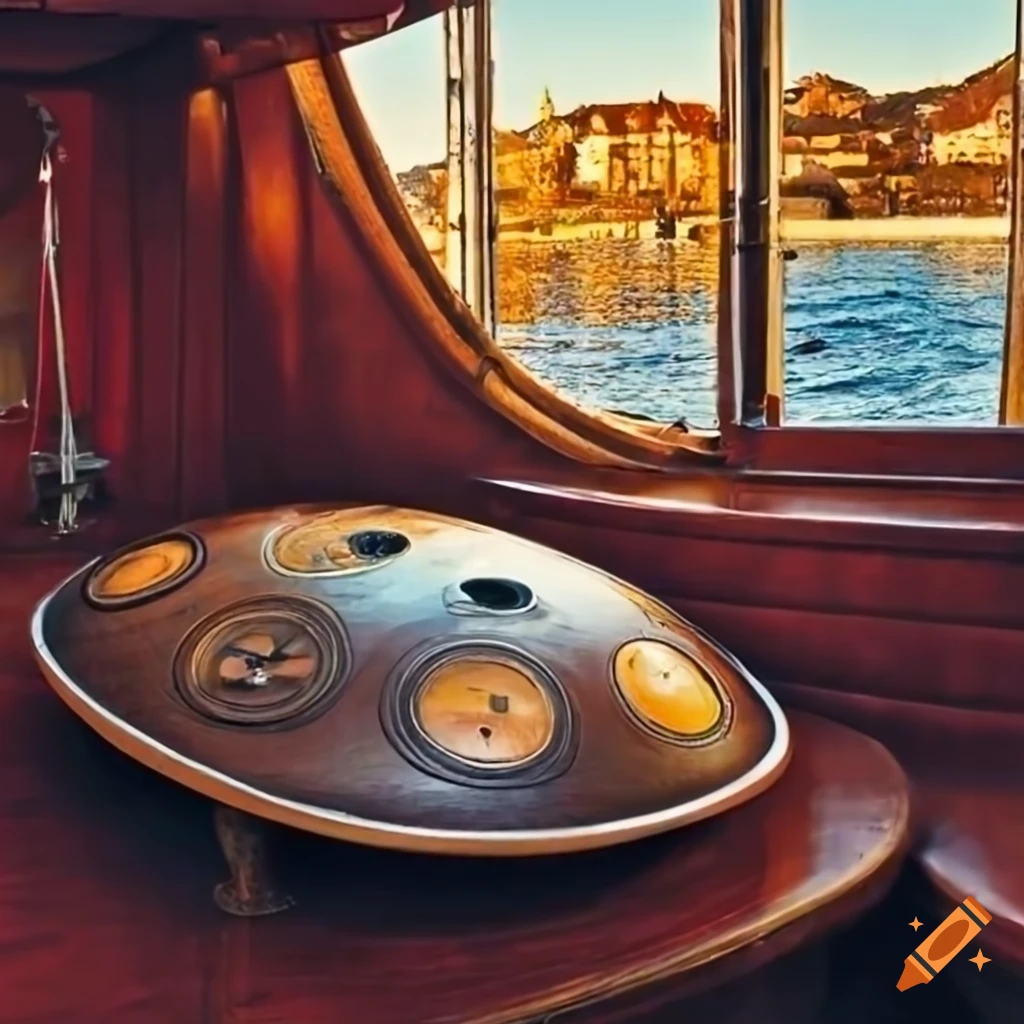 Sailboat interior with a handpan near a canal-view window on Craiyon
