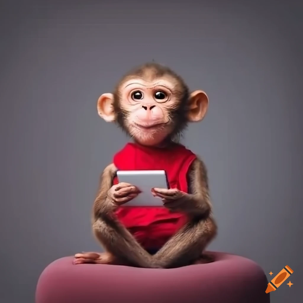 Little monkey in a red dress playing with a tablet in a room on Craiyon