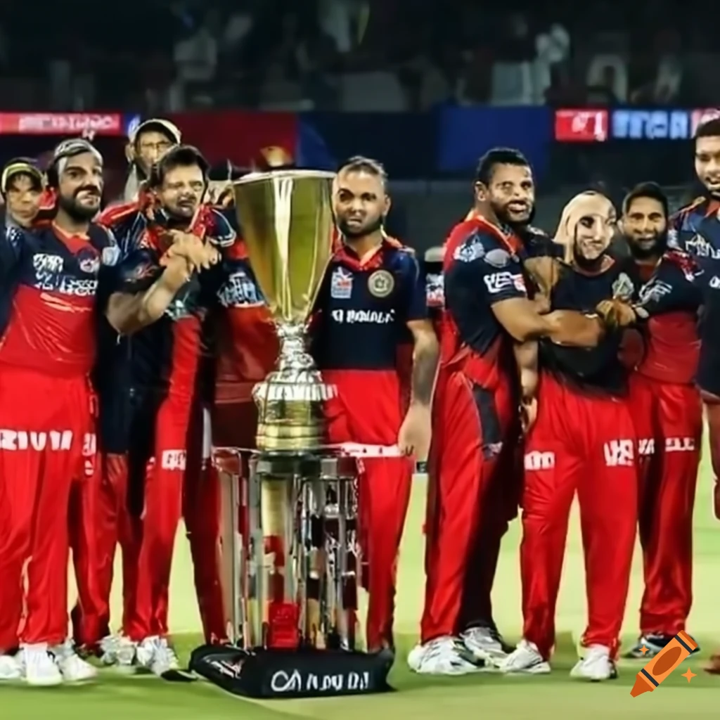 Royal challengers bangalore cricket team celebrating with trophy after winning ipl on Craiyon