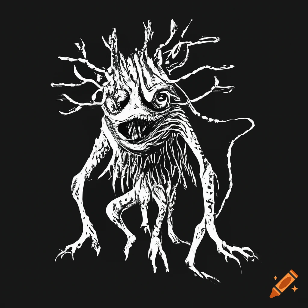 Black and white drawing of an other-worldly creature with high detail ...