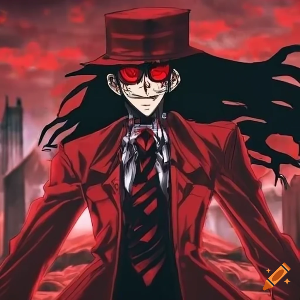 Alucard from hellsing ultimate standing on a hill with glowing red eyes ...
