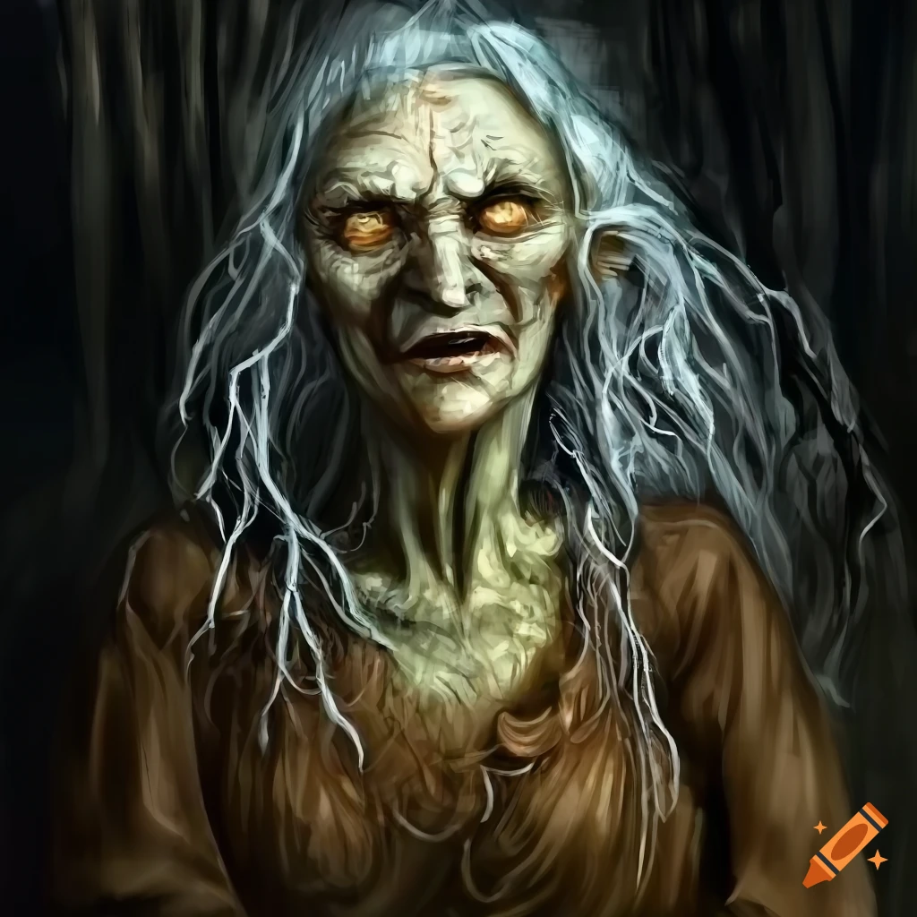 Kindly old swamp hag with mischievous smile in detailed portrait on Craiyon