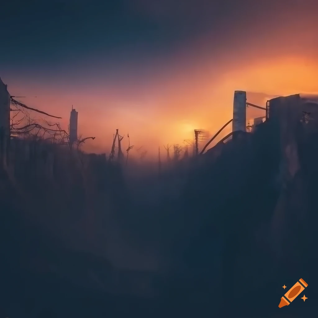 Desolate world war battlefield trench under a beautiful sunset sky on ...