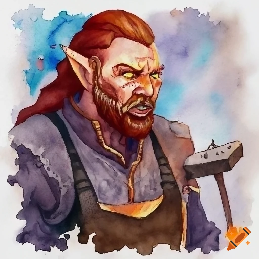 Bearded half-elf blacksmith sorcerer working at a forge with fire and ...
