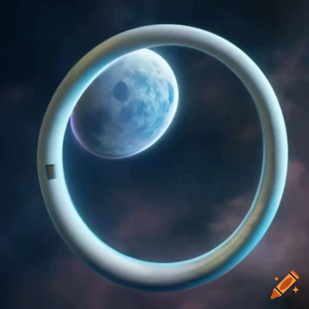 Ring-shaped space station near a mysterious moon on Craiyon