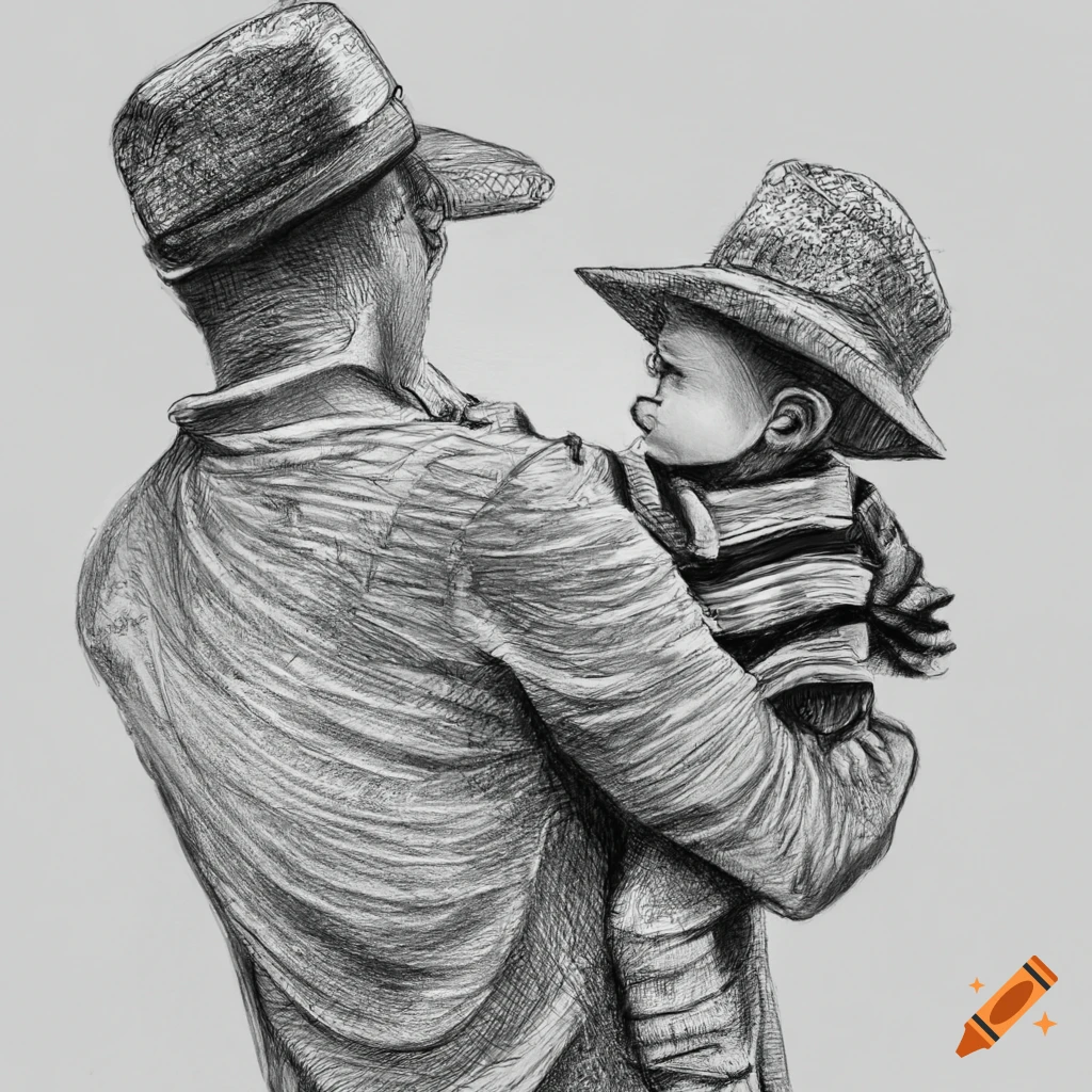 Father holding son's hand in pencil drawing in black and white on Craiyon