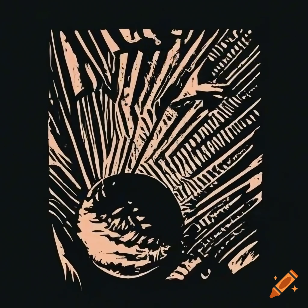 Woodcut space-themed album cover with high contrast and thick lines on ...