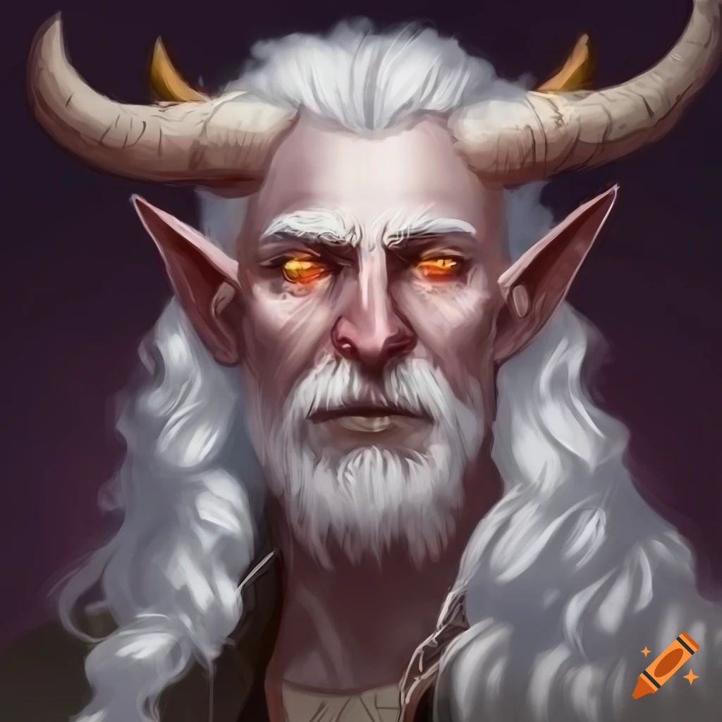Old tiefling with white beard and hair in dnd portrait on Craiyon