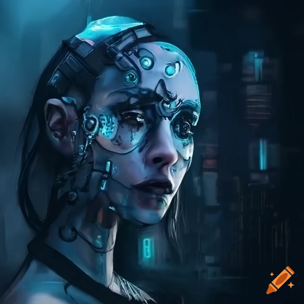Female cyborg goddess with human-cybernetic features in a cyberpunk ...