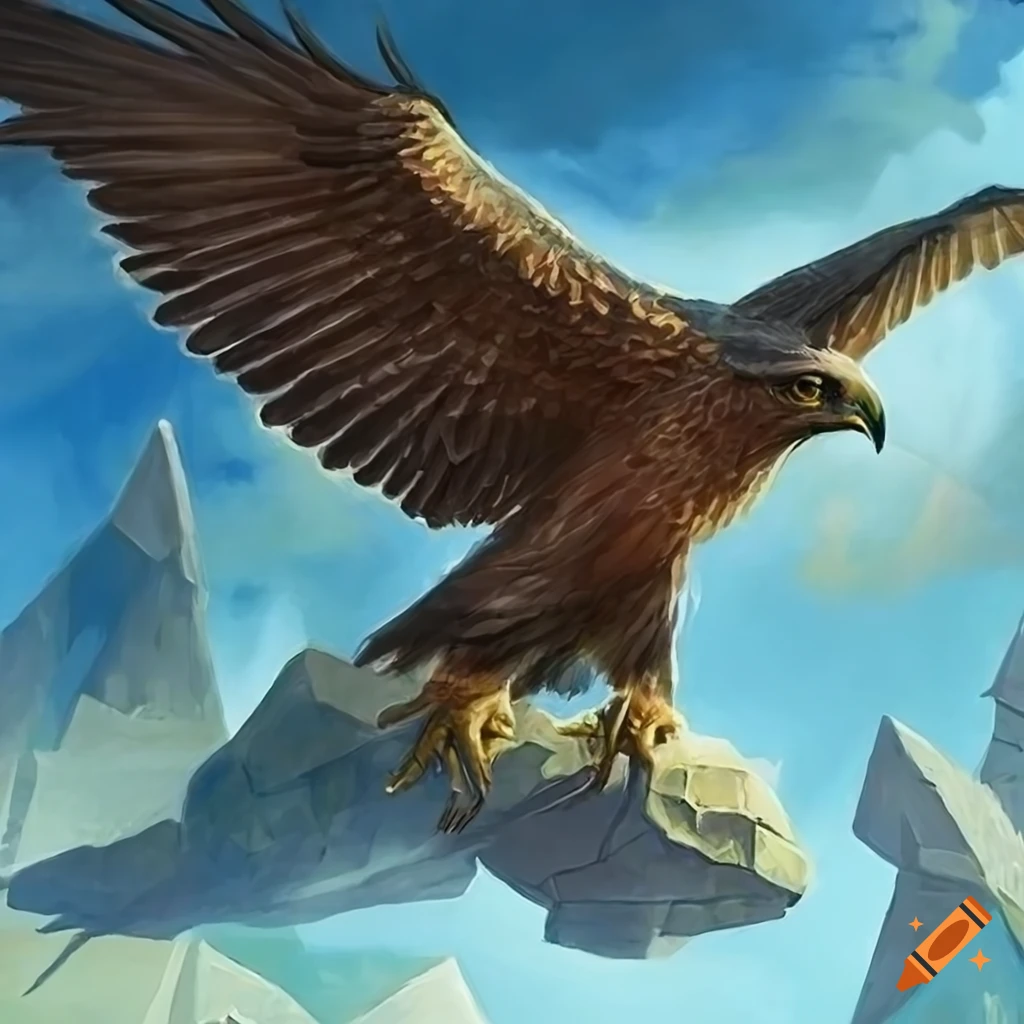 Hawk flying near large stone triangles in fantasy art on Craiyon