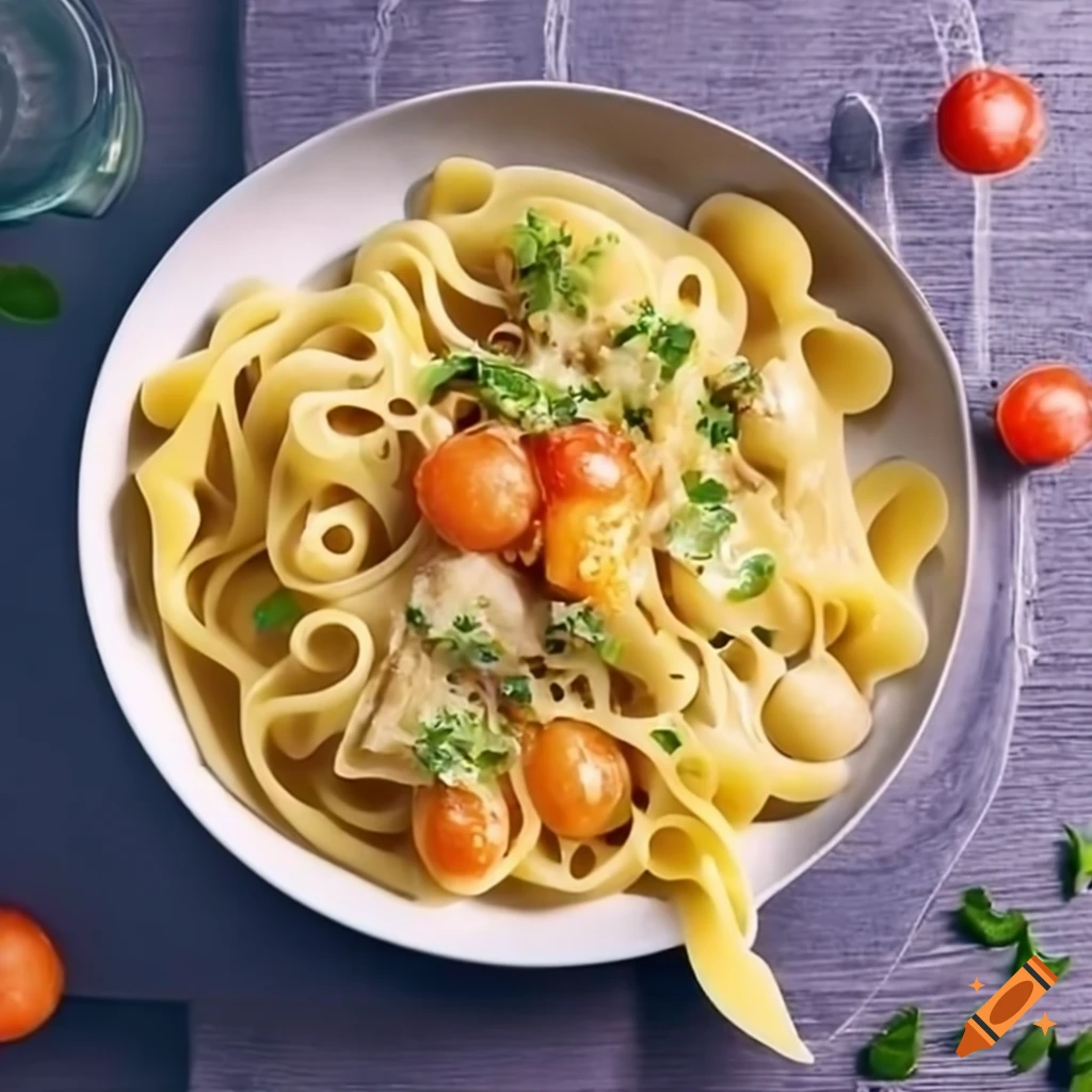 Pasta with sauce from above view on Craiyon