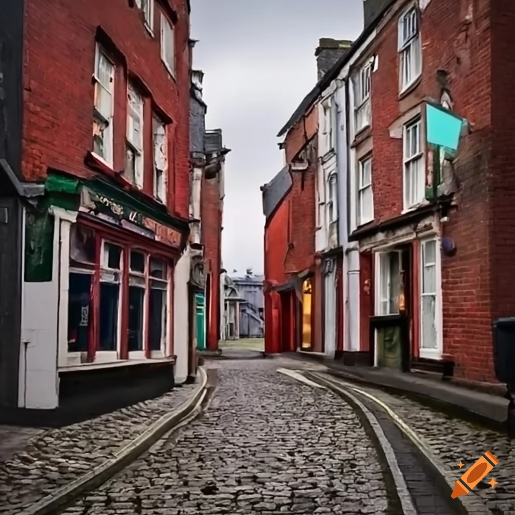 Traditional Irish cobblestone streets with red-brick pubs on Craiyon
