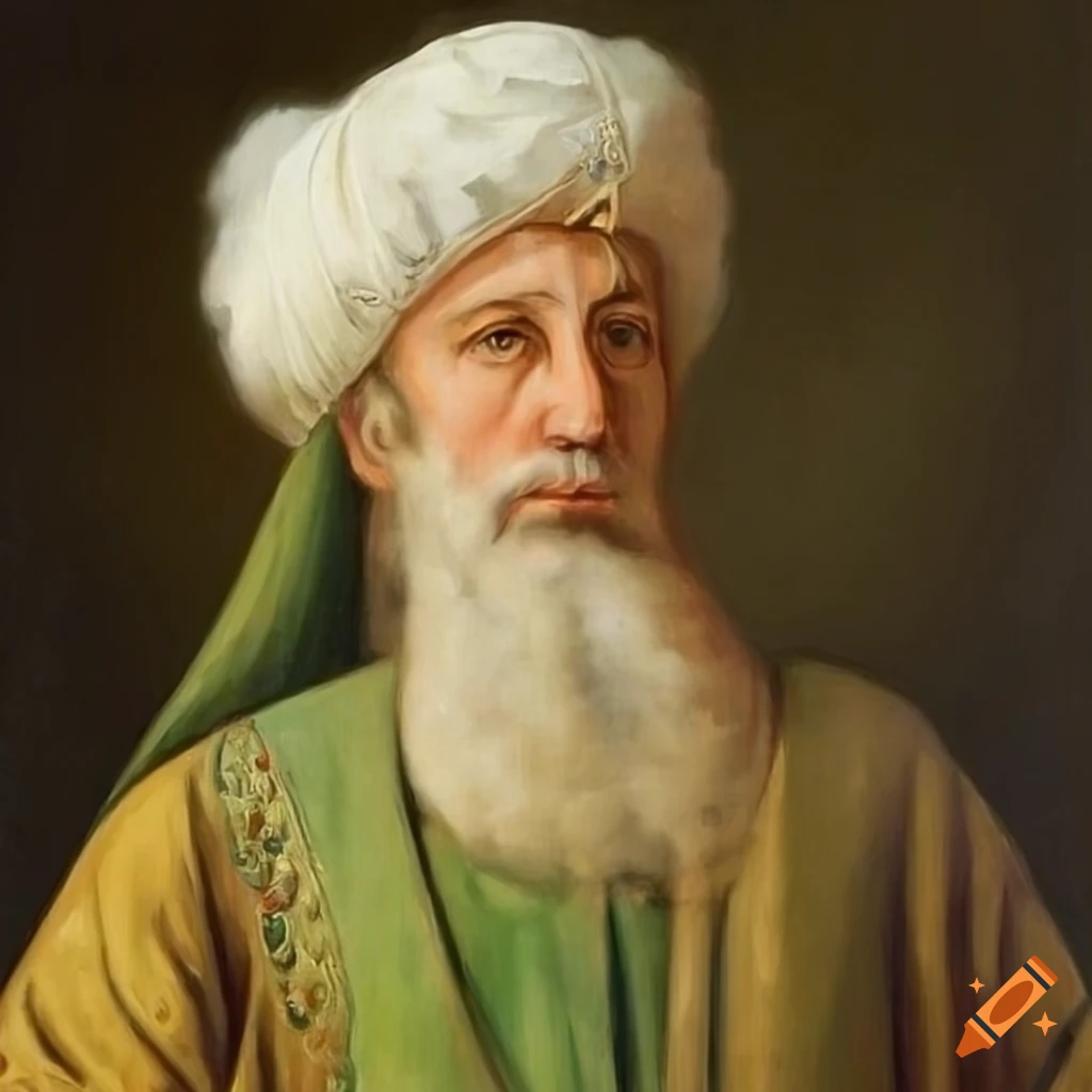 Early medieval Persian holy king in green and white regal attire ...