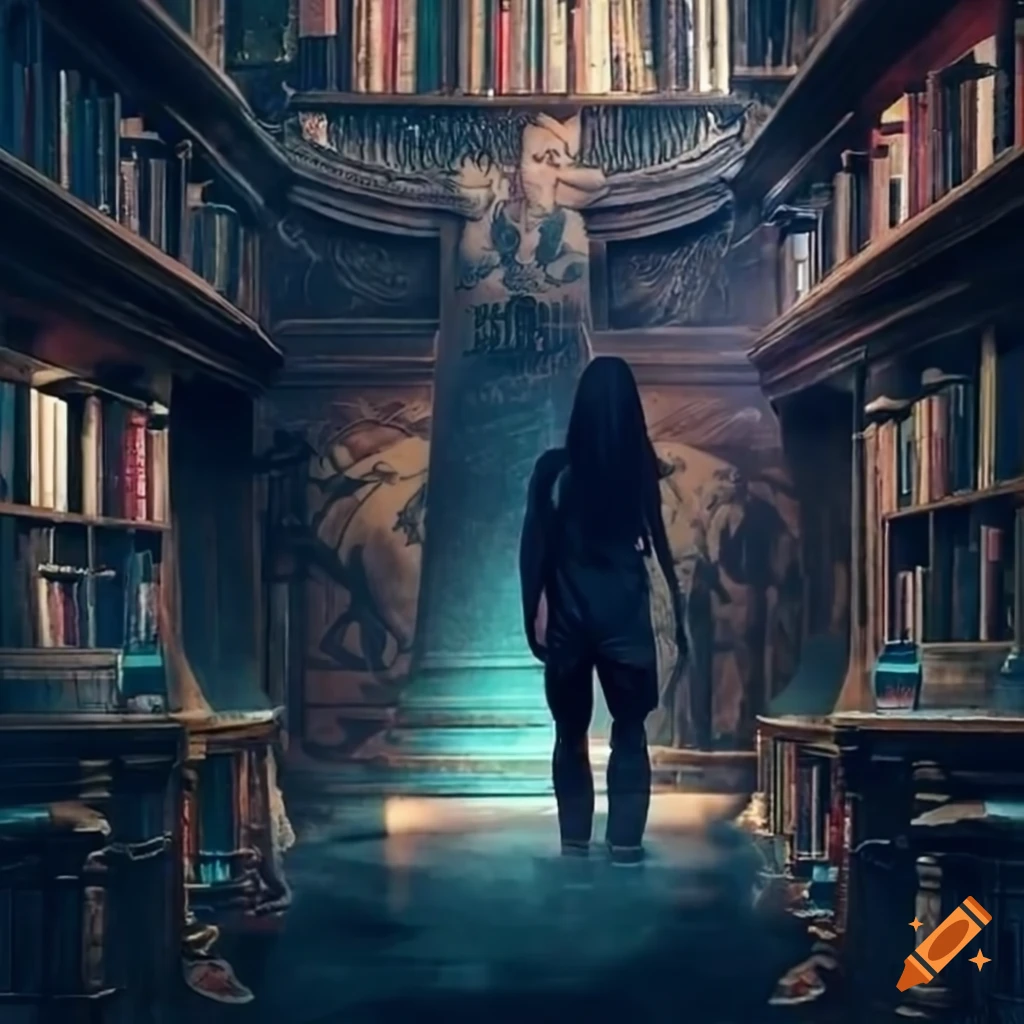 Man with long black wavy hair and tattoos in magical library on Craiyon