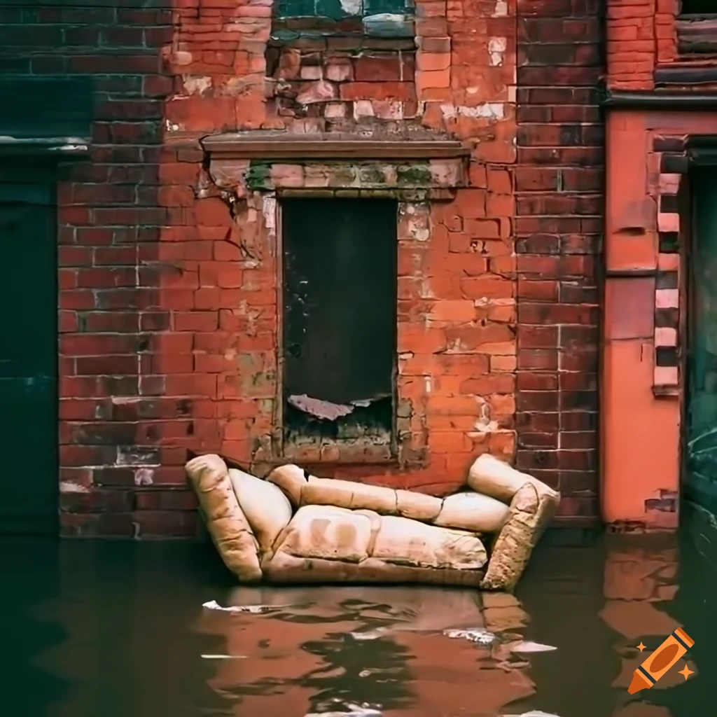 Close-up of a destroyed couch in a flooded crumbling brick doorway with ...