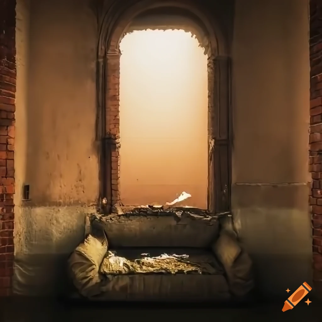 Destroyed couch in flooded brick doorway with sinking buildings in ...