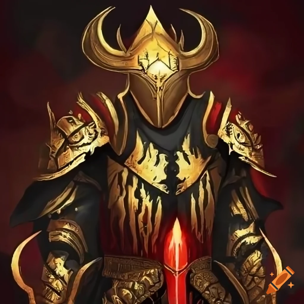 Giant royal fantasy knight with black, gold, and red colors on Craiyon