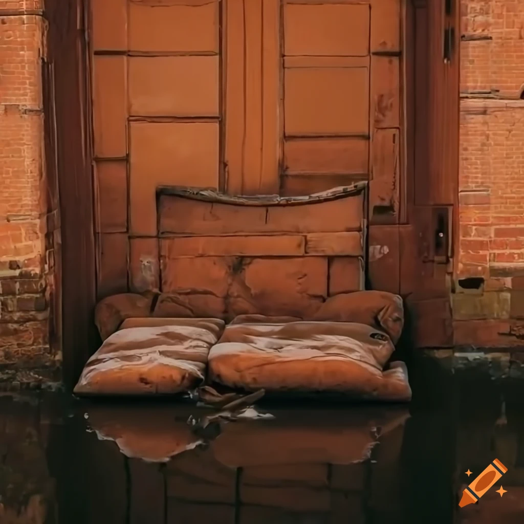 Destroyed couch in flooded doorway with sinking buildings in a glowing ...