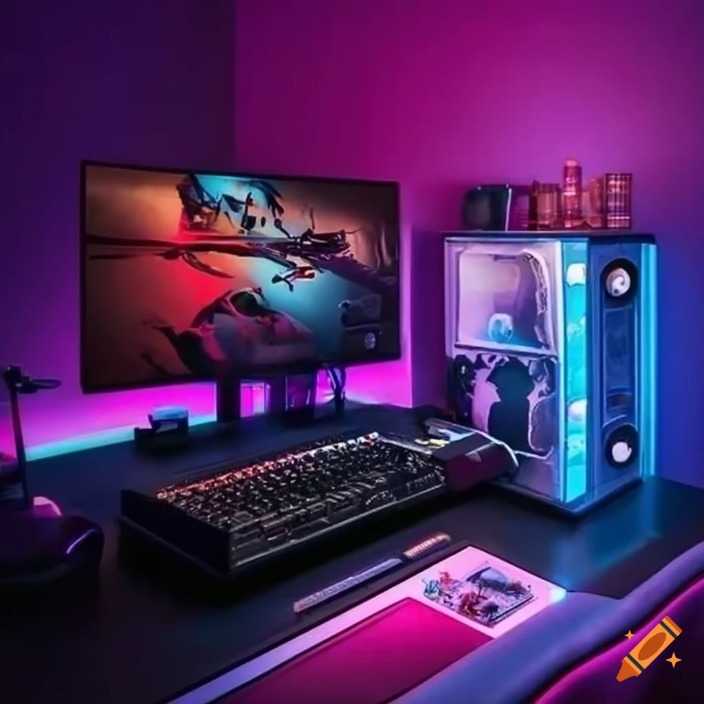 Modern gaming room with computers and game collectibles on Craiyon