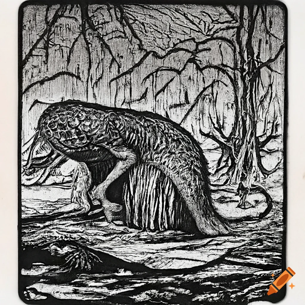Tower swamp creatures in a black and white acid etching by Kittelsen on ...