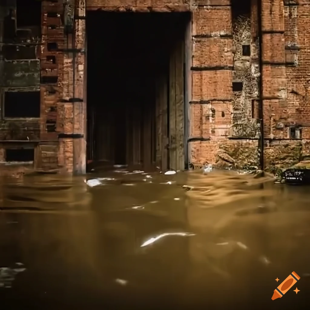 Extreme close-up of flooded crumbling doorway with sinking buildings in ...