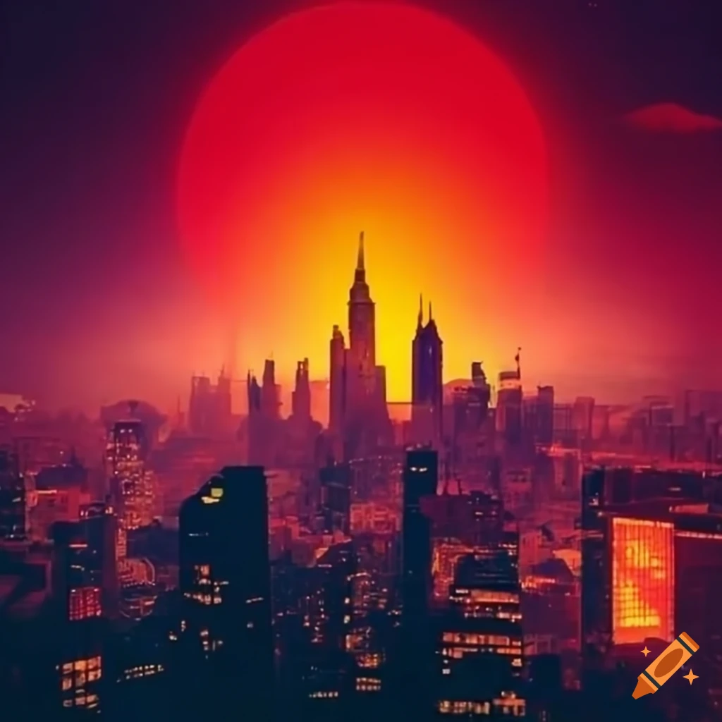 Gotham City with red and orange tones in a cinematic shot on Craiyon