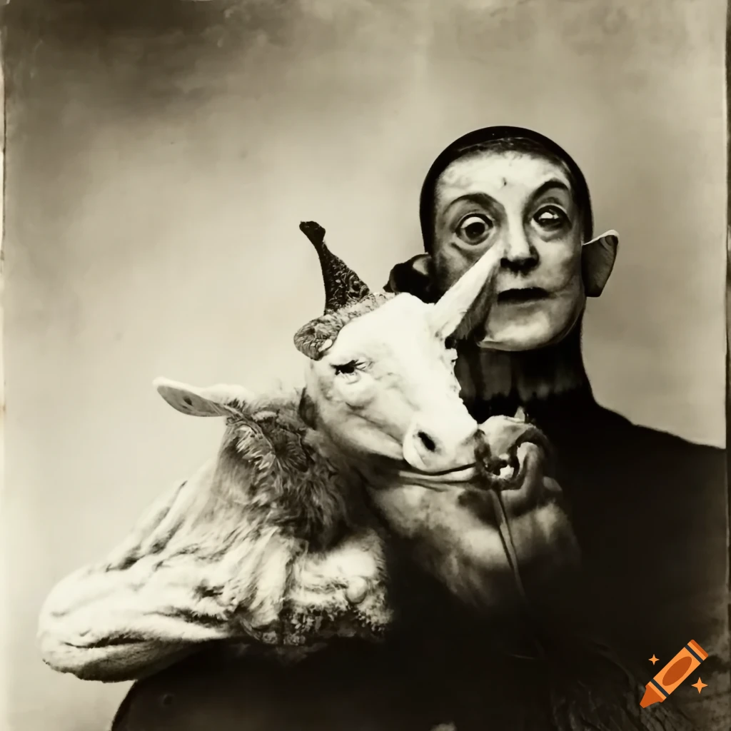 Vintage surreal black and white photo of a male pierrot extracting a ...