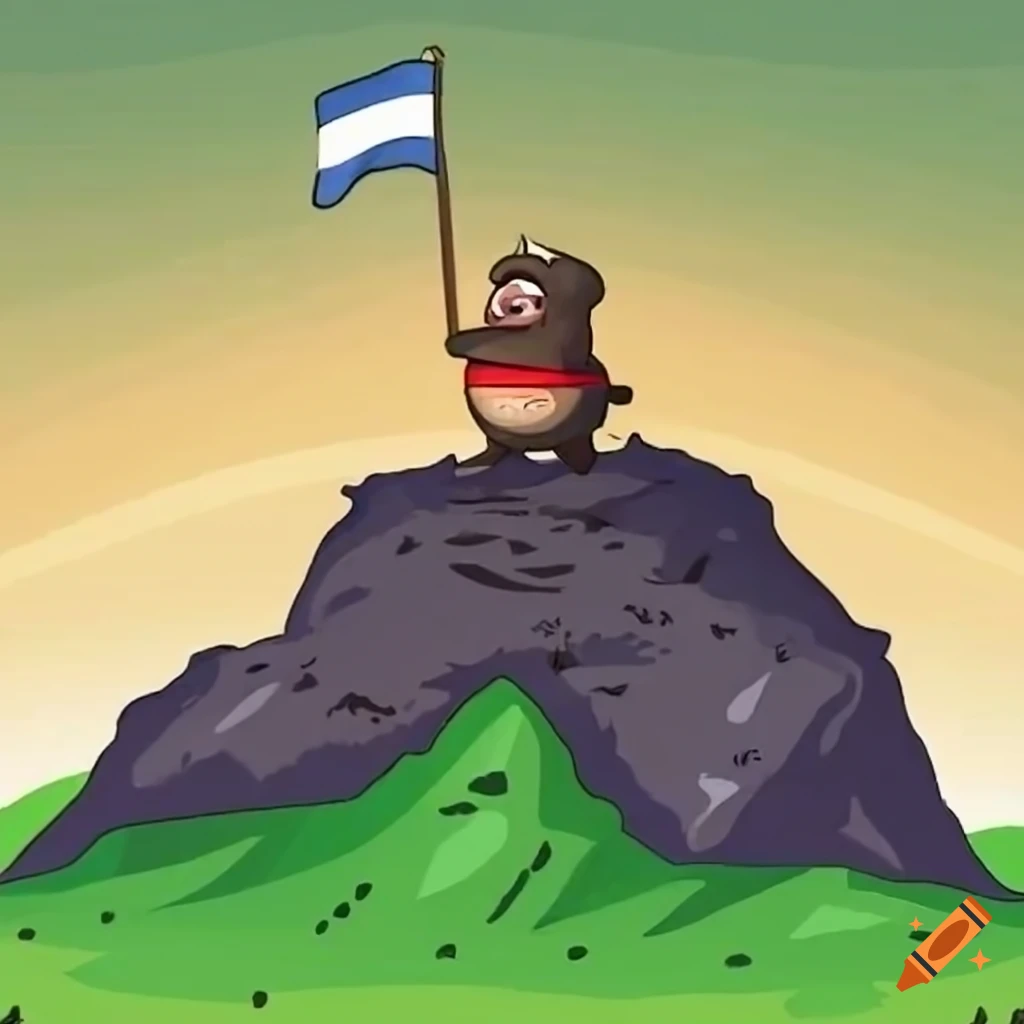 Victorious mole planting flag on mountain in a dramatic cartoon on Craiyon