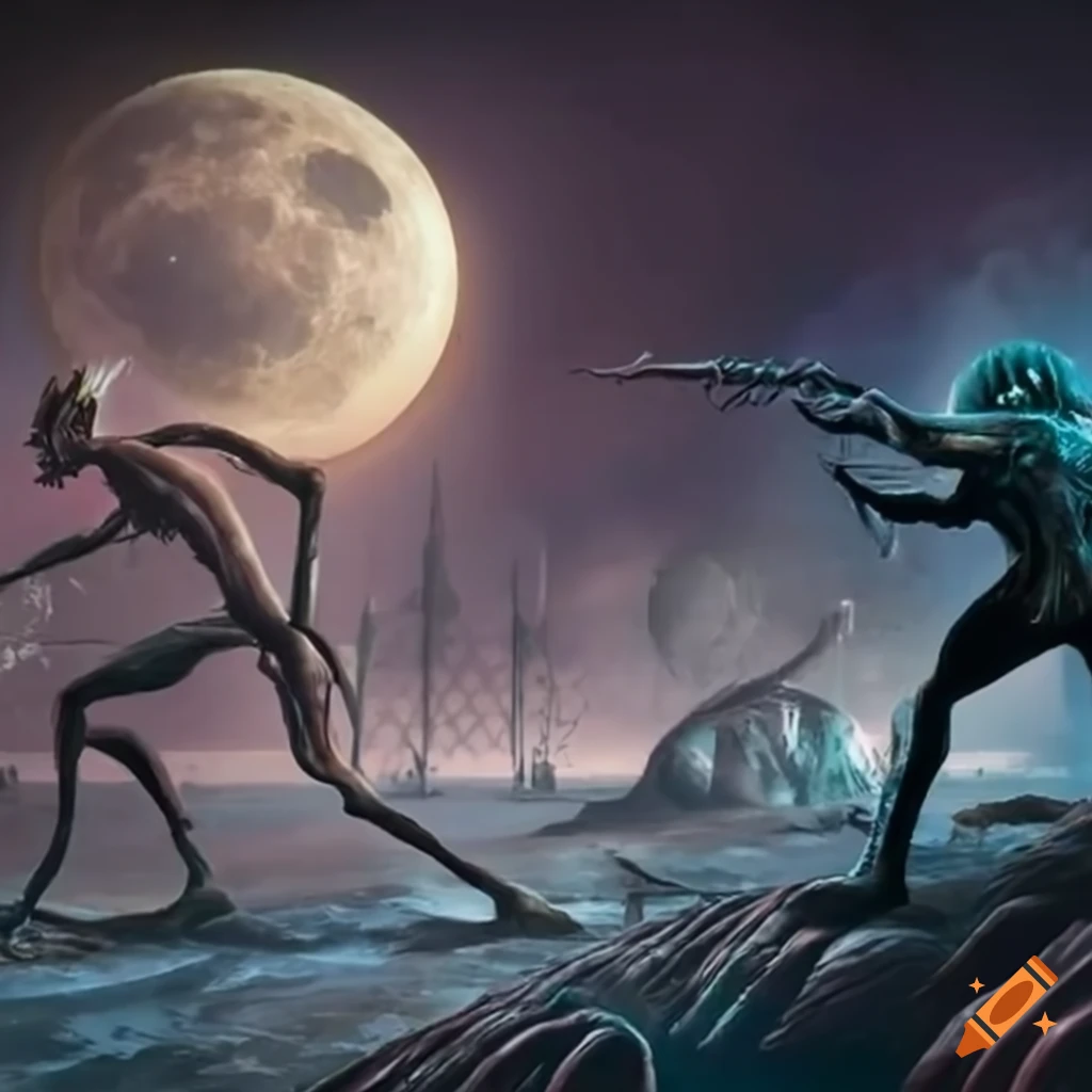 Alien city on the moon with two aliens fighting in a gladiator ring on ...