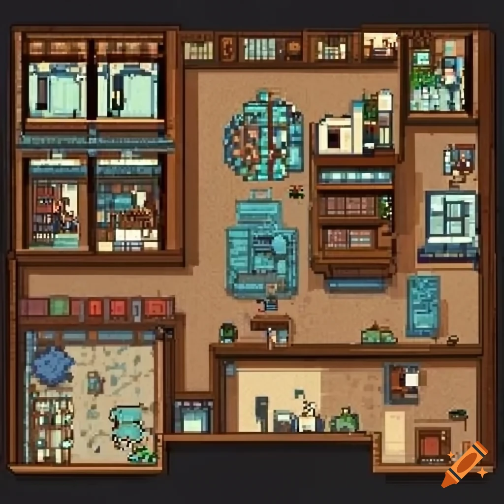 Pixel art vintage house map layout showing bedroom, lab, bathroom ...