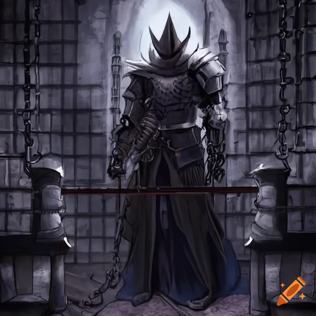 Anime dark knight in chained armor inside a medieval prison cell on Craiyon
