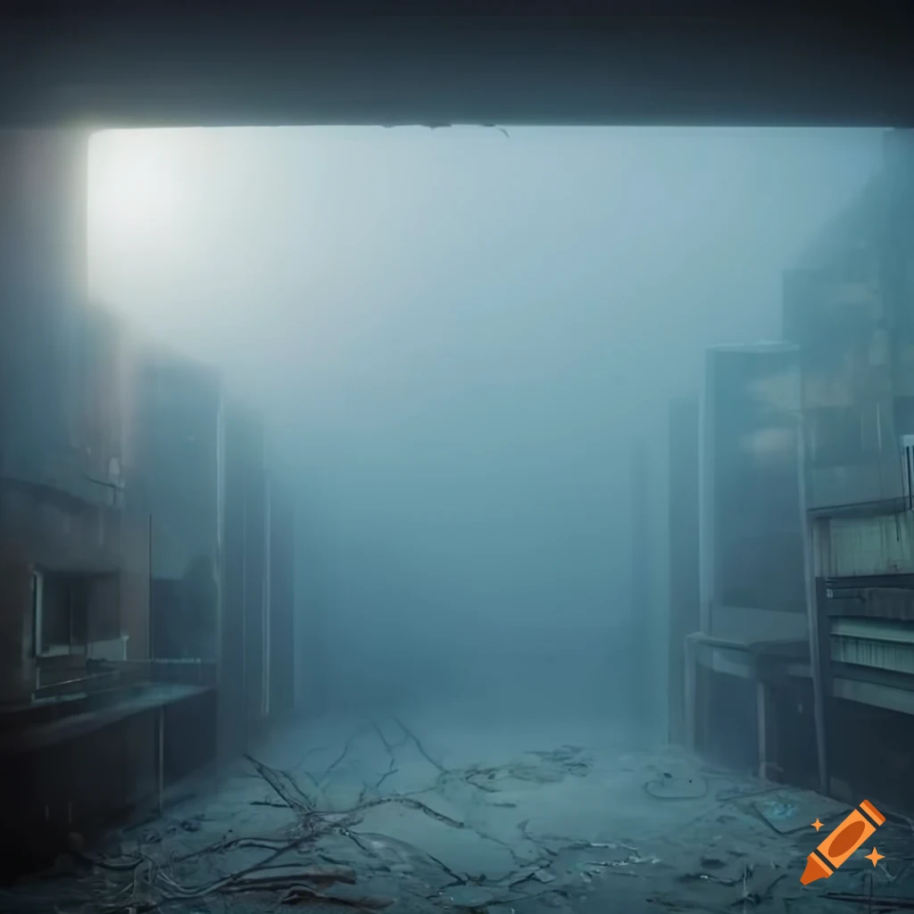 Abandoned flooded computer room with sunlight rays in fog on Craiyon