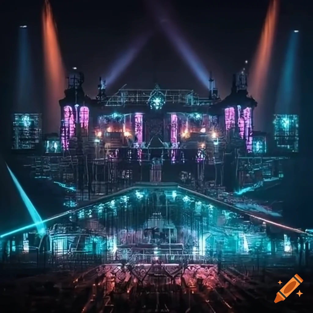 Vibrant New Edition concert stage with elaborate light display on Craiyon