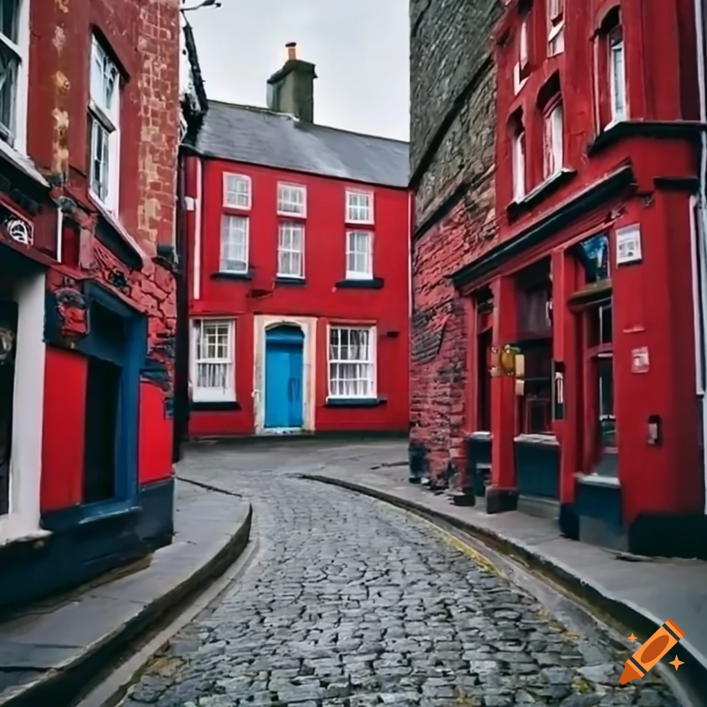 Traditional irish cobblestone streets with red-brick pubs on Craiyon