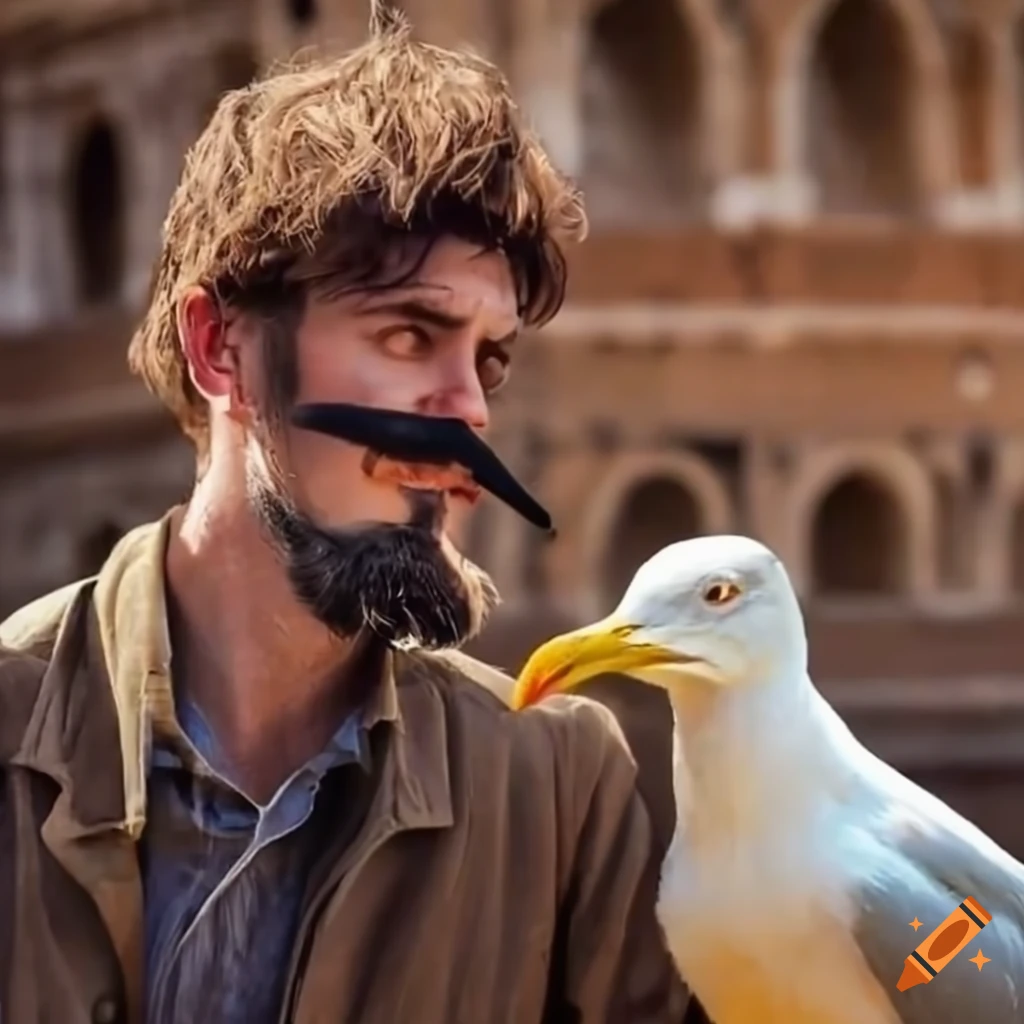 Man with mustaches at the Colosseum with a pet seagull on Craiyon