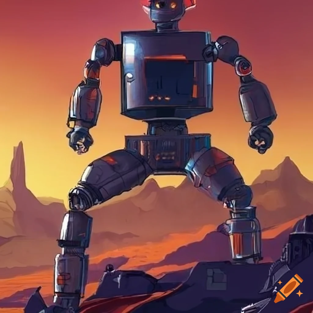 Giant robot in a space-like landscape with a fantasy art style on Craiyon