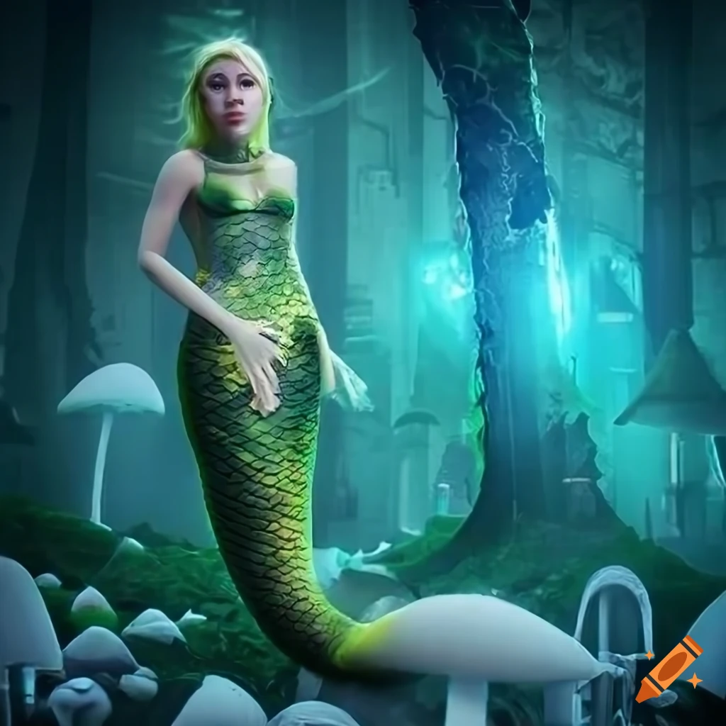 Glowing biopunk cityscape with cyborg mermaid goddesses and biological ...